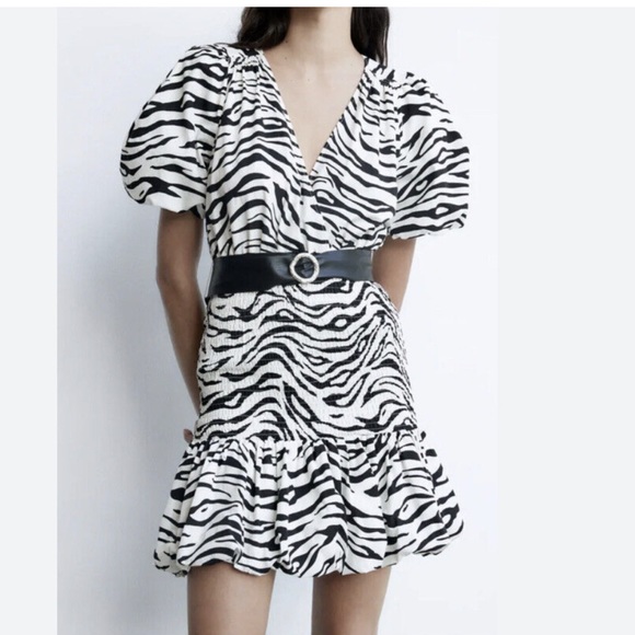 Zara | Dresses | Zara Animal Print Zebra Belted Black White Smocked ...